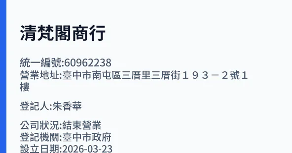 清梵閣商行的照片-統編 60962238(臺中市) 公司登記資料與營業項目詳細圖表