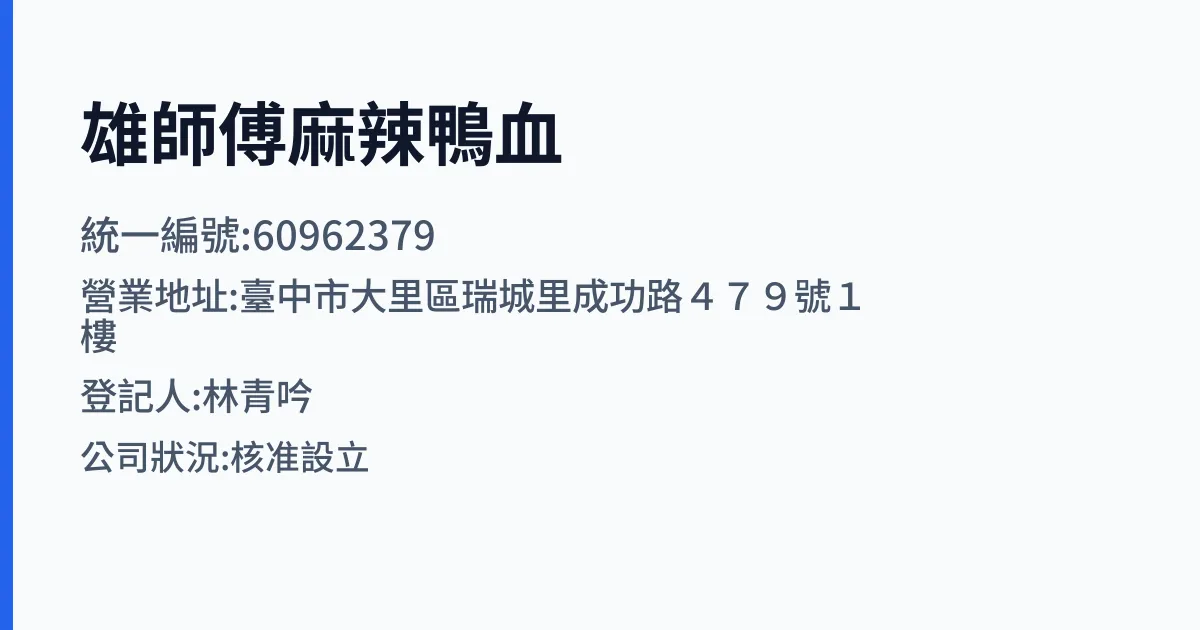 雄師傅麻辣鴨血 - 統編 60962379(臺中市) 公司登記資料與營業項目詳細圖表
