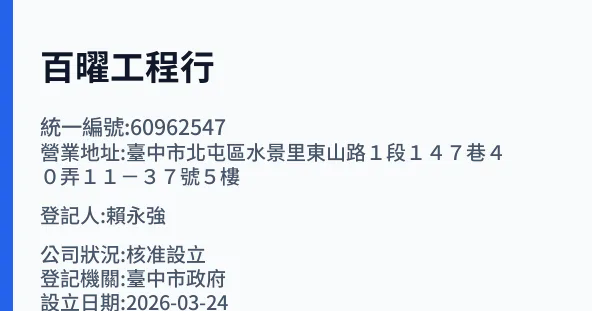 百曜工程行的照片-統編 60962547(臺中市) 公司登記資料與營業項目詳細圖表