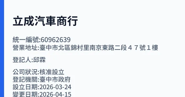 立成汽車商行的照片-統編 60962639(臺中市) 公司登記資料與營業項目詳細圖表