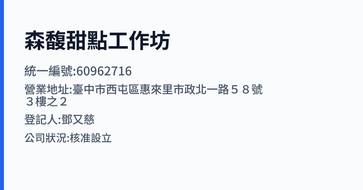 森馥甜點工作坊 - 統編 60962716(臺中市) 公司登記資料與營業項目詳細圖表