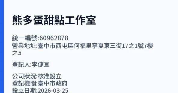 熊多蛋甜點工作室的照片-統編 60962878(臺中市) 公司登記資料與營業項目詳細圖表