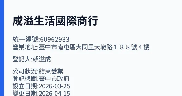 成溢生活國際商行的照片-統編 60962933(臺中市) 公司登記資料與營業項目詳細圖表