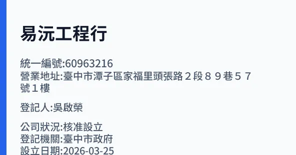 易沅工程行的照片-統編 60963216(臺中市) 公司登記資料與營業項目詳細圖表