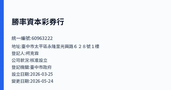 勝率資本彩券行的照片-統編 60963222(臺中市) 公司登記資料與營業項目詳細圖表
