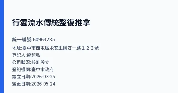 行雲流水傳統整復推拿的照片-統編 60963285(臺中市) 公司登記資料與營業項目詳細圖表