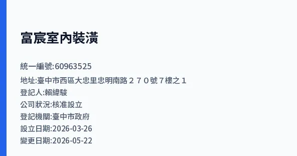 富宸室內裝潢的照片-統編 60963525(臺中市) 公司登記資料與營業項目詳細圖表