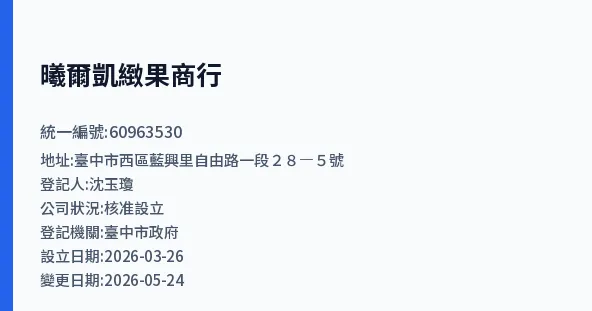 曦爾凱緻果商行的照片-統編 60963530(臺中市) 公司登記資料與營業項目詳細圖表