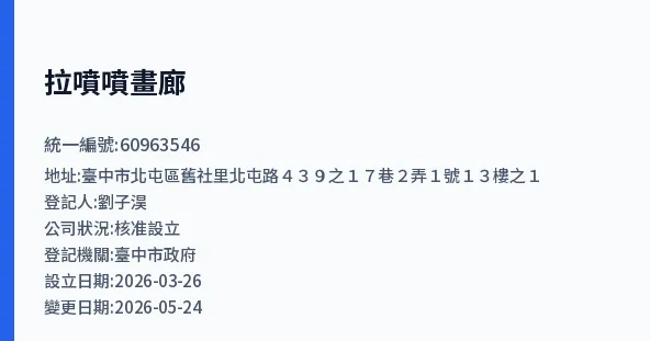 拉噴噴畫廊的照片-統編 60963546(臺中市) 公司登記資料與營業項目詳細圖表