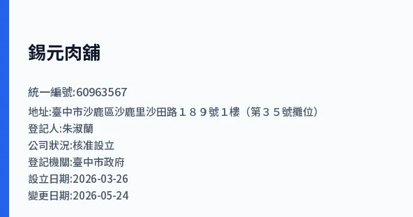 錫元肉舖的照片-統編 60963567(臺中市) 公司登記資料與營業項目詳細圖表