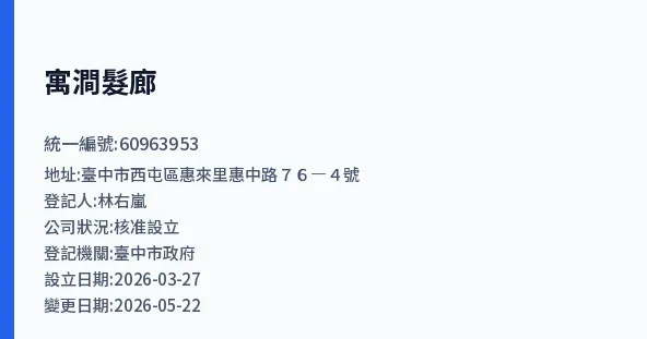 寓澗髮廊的照片-統編 60963953(臺中市) 公司登記資料與營業項目詳細圖表