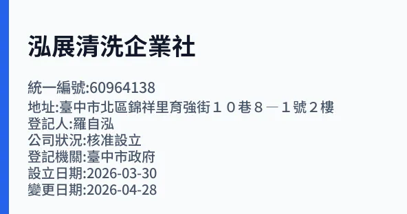 泓展清洗企業社的照片-統編 60964138(臺中市) 公司登記資料與營業項目詳細圖表