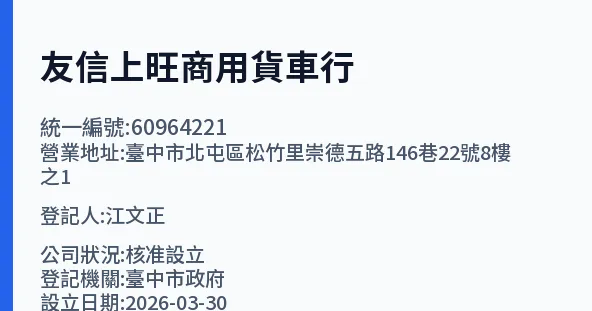 友信上旺商用貨車行的照片-統編 60964221(臺中市) 公司登記資料與營業項目詳細圖表