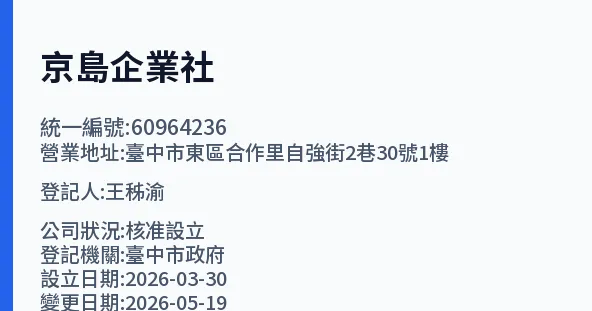 京島企業社的照片-統編 60964236(臺中市) 公司登記資料與營業項目詳細圖表