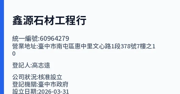鑫源石材工程行的照片-統編 60964279(臺中市) 公司登記資料與營業項目詳細圖表