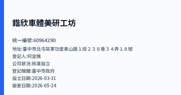 鍇欣車體美研工坊的照片-統編 60964290(臺中市) 公司登記資料與營業項目詳細圖表