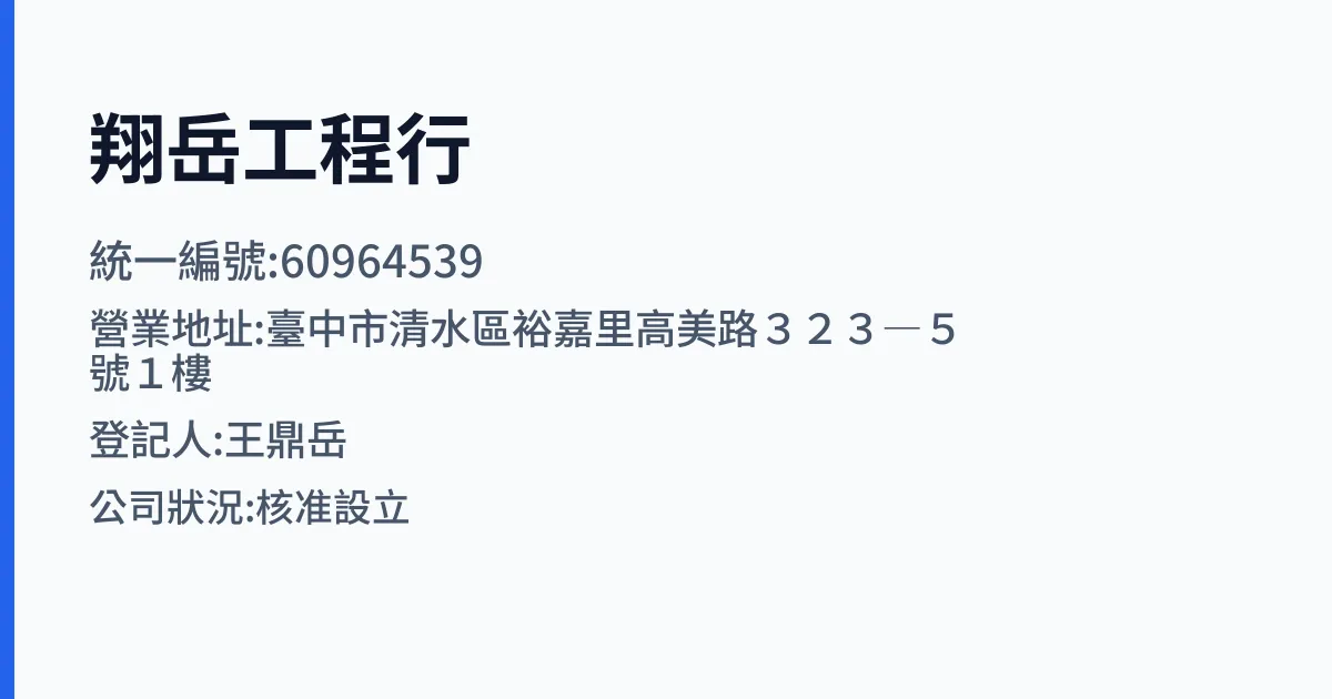 翔岳工程行 - 統編 60964539(臺中市) 公司登記資料與營業項目詳細圖表