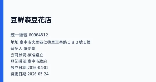 豆鮮森豆花店的照片-統編 60964812(臺中市) 公司登記資料與營業項目詳細圖表
