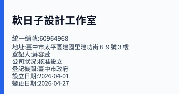 軟日子設計工作室的照片-統編 60964968(臺中市) 公司登記資料與營業項目詳細圖表