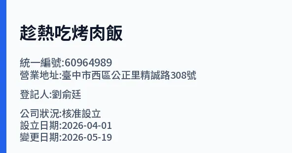 趁熱吃烤肉飯的照片-統編 60964989(臺中市) 公司登記資料與營業項目詳細圖表