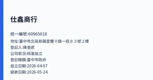 仕鑫商行的照片-統編 60965018(臺中市) 公司登記資料與營業項目詳細圖表