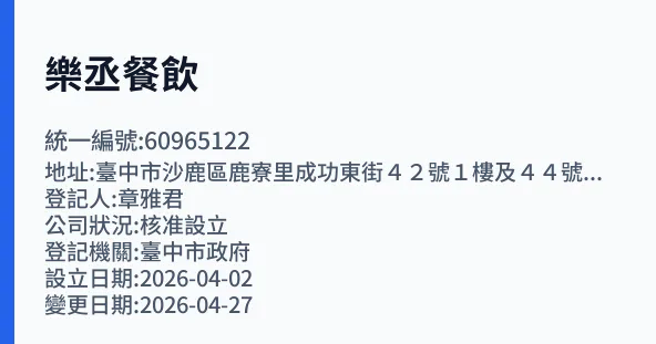 樂丞餐飲的照片-統編 60965122(臺中市) 公司登記資料與營業項目詳細圖表