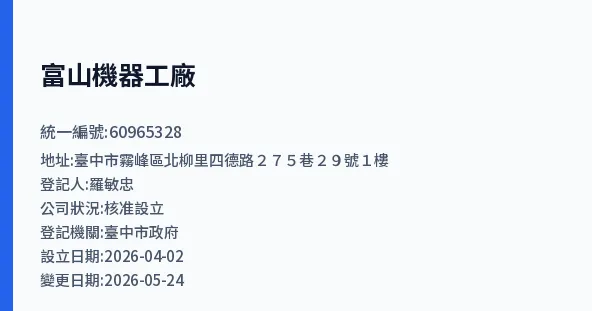 富山機器工廠的照片-統編 60965328(臺中市) 公司登記資料與營業項目詳細圖表
