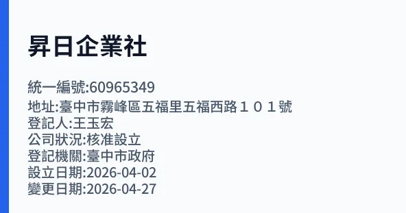 昇日企業社的照片-統編 60965349(臺中市) 公司登記資料與營業項目詳細圖表