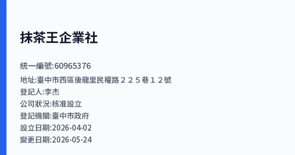 抹茶王企業社的照片-統編 60965376(臺中市) 公司登記資料與營業項目詳細圖表