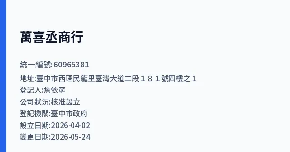 萬喜丞商行的照片-統編 60965381(臺中市) 公司登記資料與營業項目詳細圖表