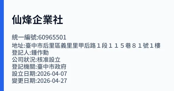 仙烽企業社的照片-統編 60965501(臺中市) 公司登記資料與營業項目詳細圖表