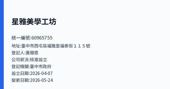 星雅美學工坊的照片-統編 60965755(臺中市) 公司登記資料與營業項目詳細圖表