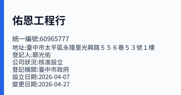 佑恩工程行的照片-統編 60965777(臺中市) 公司登記資料與營業項目詳細圖表
