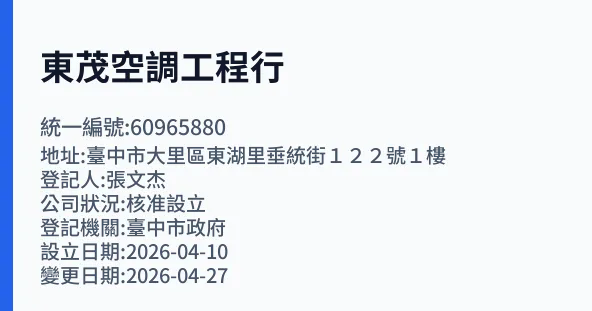 東茂空調工程行的照片-統編 60965880(臺中市) 公司登記資料與營業項目詳細圖表