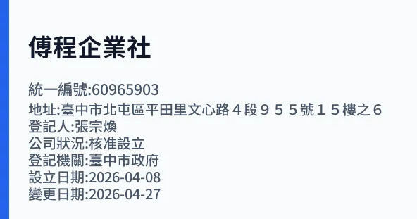 傅程企業社的照片-統編 60965903(臺中市) 公司登記資料與營業項目詳細圖表