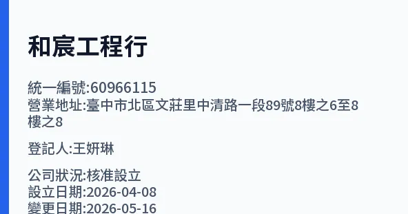 和宸工程行的照片-統編 60966115(臺中市) 公司登記資料與營業項目詳細圖表
