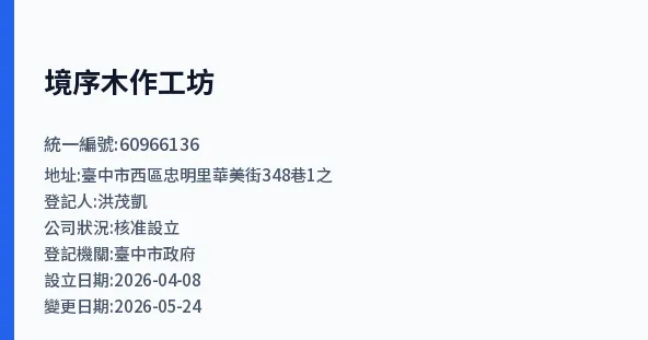境序木作工坊的照片-統編 60966136(臺中市) 公司登記資料與營業項目詳細圖表