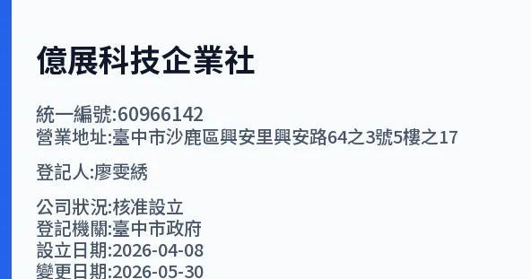 億展科技企業社的照片-統編 60966142(臺中市) 公司登記資料與營業項目詳細圖表