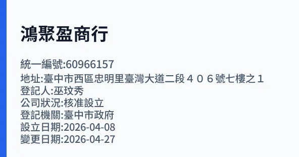 鴻聚盈商行的照片-統編 60966157(臺中市) 公司登記資料與營業項目詳細圖表