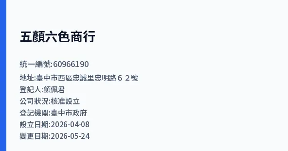 五顏六色商行的照片-統編 60966190(臺中市) 公司登記資料與營業項目詳細圖表