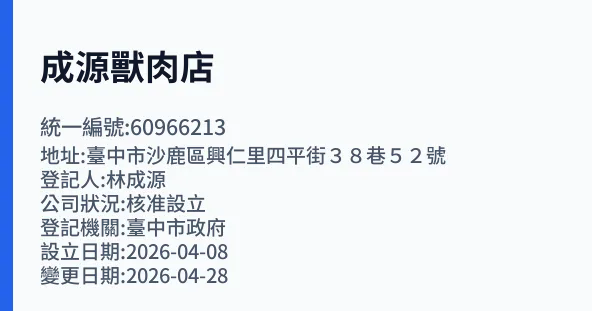 成源獸肉店的照片-統編 60966213(臺中市) 公司登記資料與營業項目詳細圖表