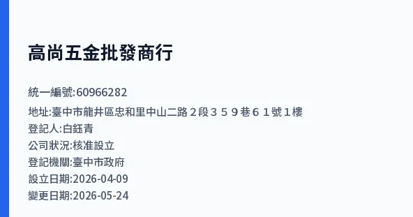 高尚五金批發商行的照片-統編 60966282(臺中市) 公司登記資料與營業項目詳細圖表