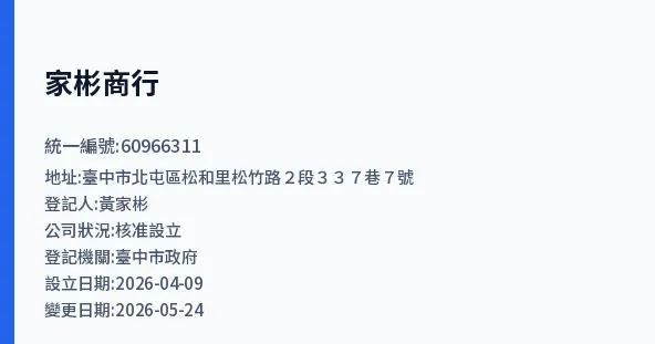 家彬商行的照片-統編 60966311(臺中市) 公司登記資料與營業項目詳細圖表