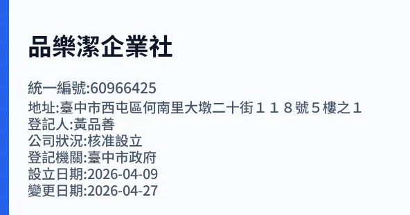 品樂潔企業社的照片-統編 60966425(臺中市) 公司登記資料與營業項目詳細圖表