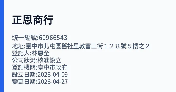 正恩商行的照片-統編 60966543(臺中市) 公司登記資料與營業項目詳細圖表