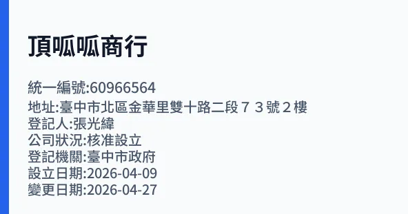 頂呱呱商行的照片-統編 60966564(臺中市) 公司登記資料與營業項目詳細圖表