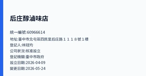 后庄醇滷味店的照片-統編 60966614(臺中市) 公司登記資料與營業項目詳細圖表