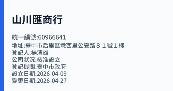 山川匯商行的照片-統編 60966641(臺中市) 公司登記資料與營業項目詳細圖表