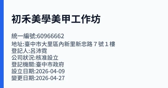 初禾美學美甲工作坊的照片-統編 60966662(臺中市) 公司登記資料與營業項目詳細圖表