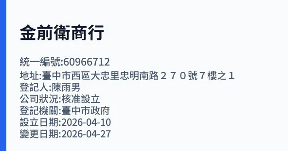 金前衛商行的照片-統編 60966712(臺中市) 公司登記資料與營業項目詳細圖表